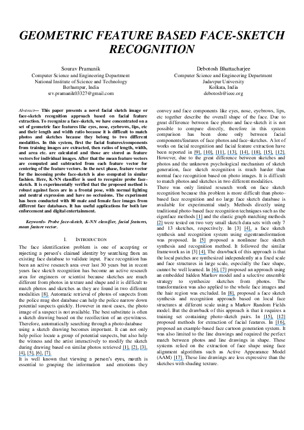 (PDF) Geometric feature based face-sketch recognition