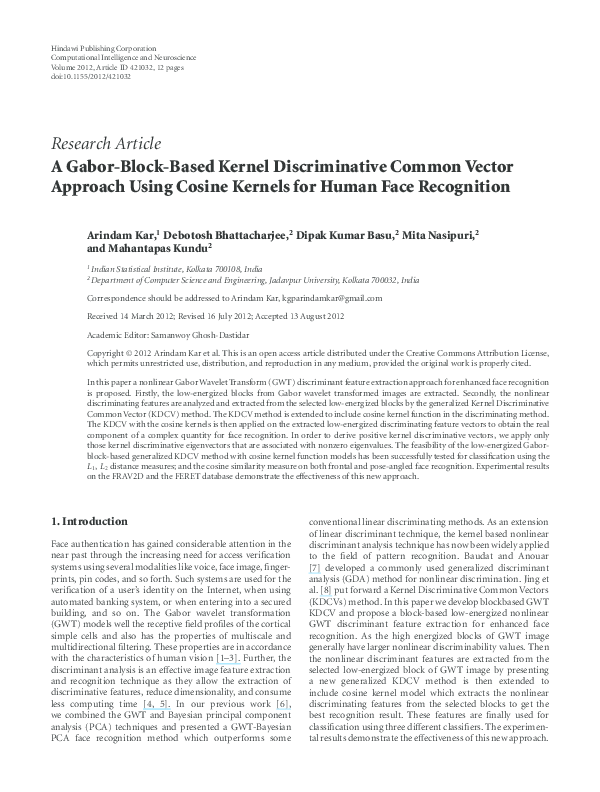 Pdf A Gabor Block Based Kernel Discriminative Common Vector Approach Using Cosine Kernels For