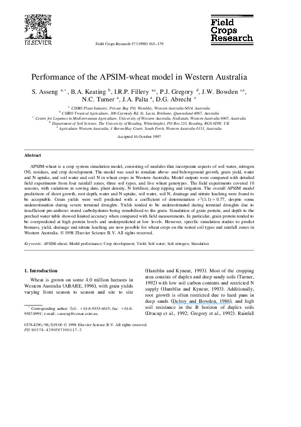 (PDF) Performance of the APSIM-wheat model in Western Australia