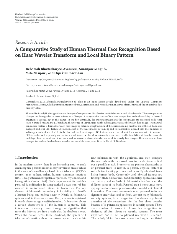 (PDF) A Comparative Study of Human Thermal Face Recognition Based on Haar Wavelet Transform and ...