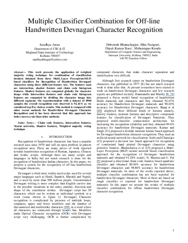 (PDF) Multiple Classifier Combination for Off-line Handwritten Devnagari Character Recognition