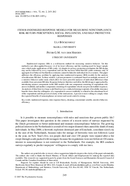 (PDF) Item Randomized-Response Models for Measuring Noncompliance: Risk-Return Perceptions ...