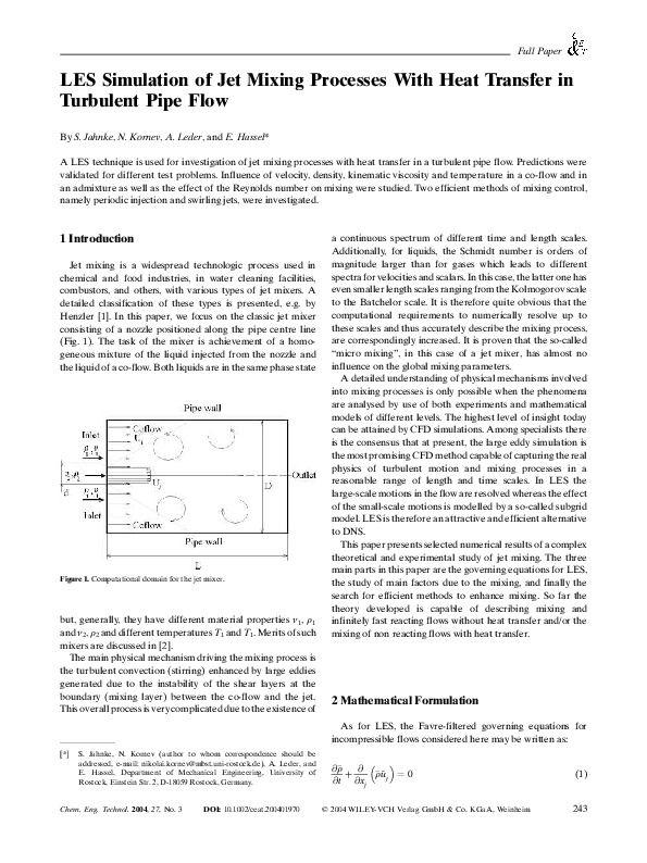 (PDF) LES Simulation of Jet Mixing Processes With Heat Transfer in Turbulent Pipe Flow