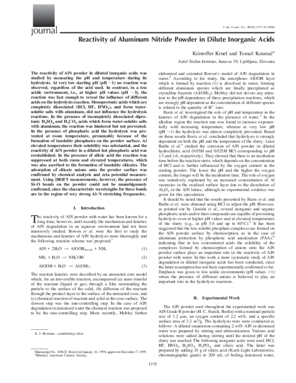 (PDF) Reactivity of Aluminum Nitride Powder in Dilute Inorganic Acids