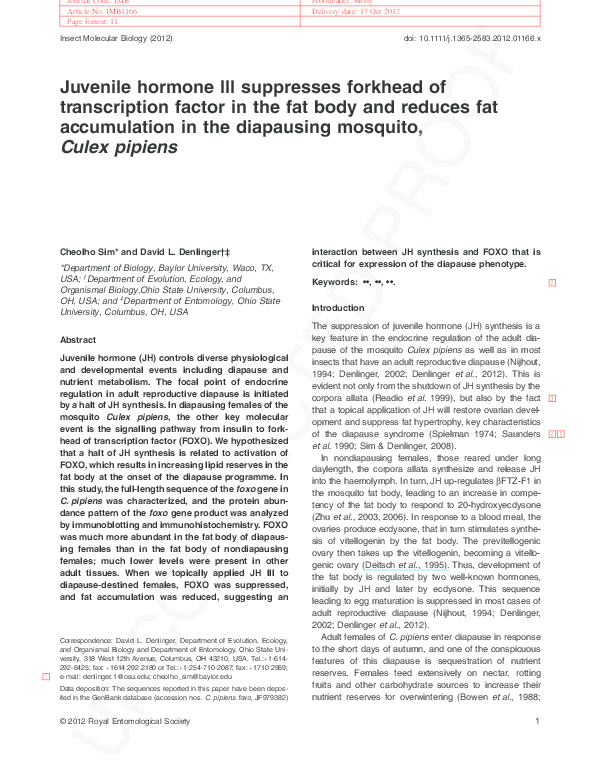(PDF) Juvenile hormone III suppresses forkhead of transcription factor ...