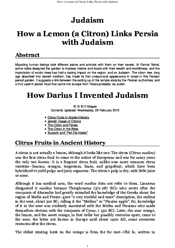 Judaism How a Lemon (a Citron) Links Persia with Judaism