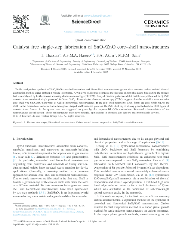 (PDF) Catalyst-Free Synthesis of SnO2/ZnO Core-Shell Nanowires