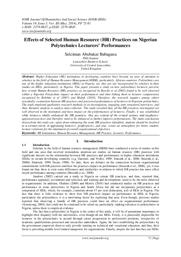 Pdf Effects Of Selected Human Resource Hr Practices On Nigerian Polytechnics Lecturers