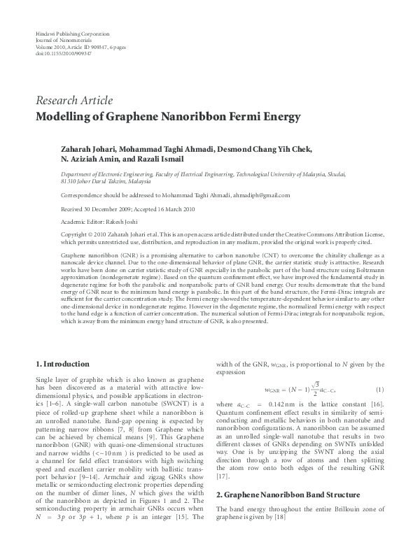 (PDF) Modelling of graphene nanoribbon fermi energy
