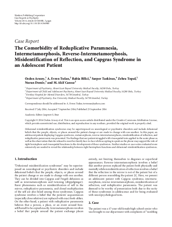 (PDF) The Comorbidity of Reduplicative Paramnesia, Intermetamorphosis ...