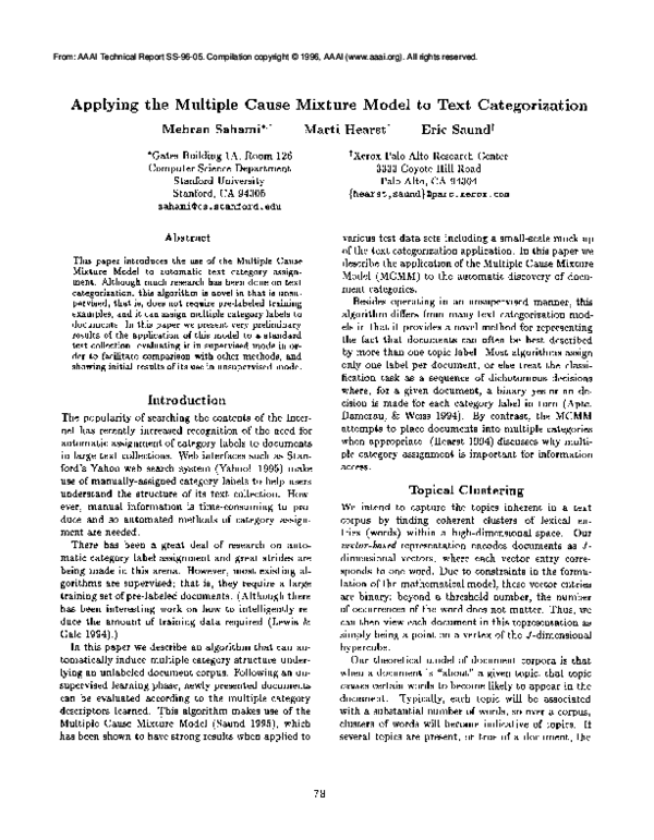 (PDF) Applying the Multiple Cause Mixture Model to Text Categorization