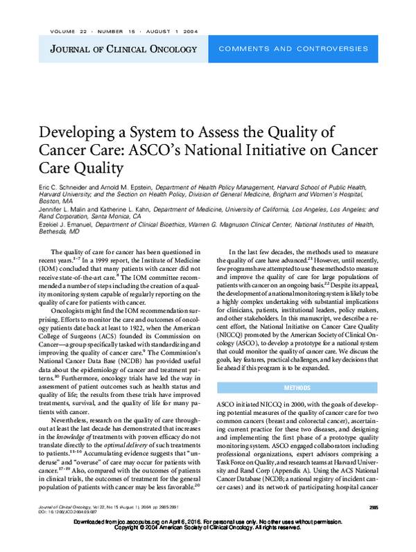 (PDF) Developing a System to Assess the Quality of Cancer Care: ASCO's ...