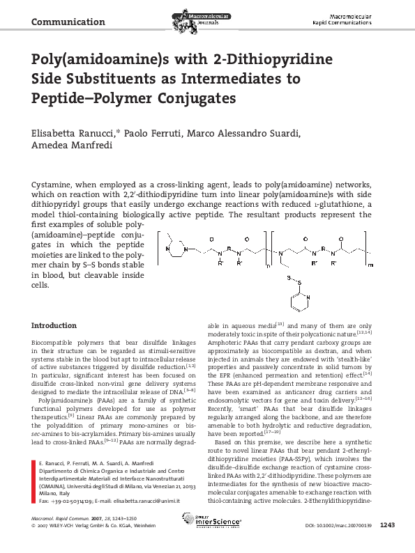 (PDF) Poly(amidoamine)s with 2-Dithiopyridine Side Substituents as ...