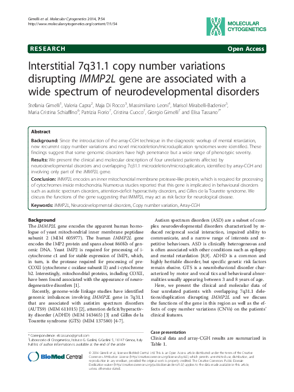 (PDF) Interstitial 7q31.1 copy number variations disrupting IMMP2L gene are associated with a ...