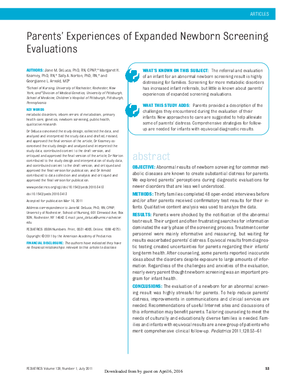 (PDF) Parents' Experiences of Expanded Newborn Screening Evaluations