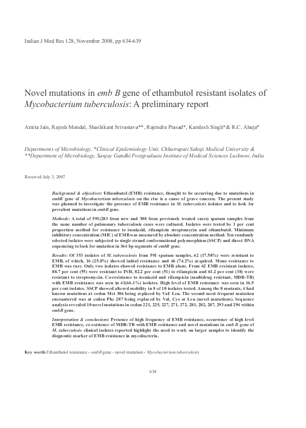 (PDF) Novel mutations in emb B gene of ethambutol resistant isolates of ...
