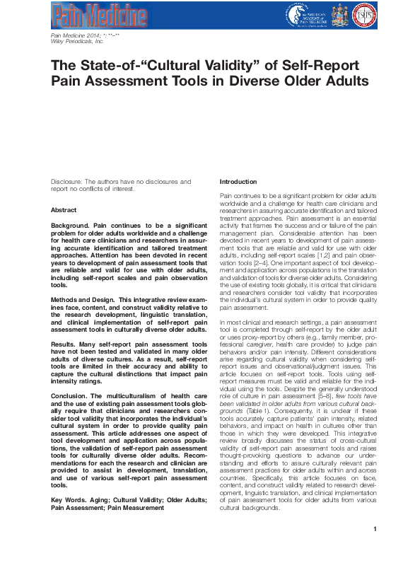(PDF) The State-of-“Cultural Validity” of Self-Report Pain Assessment ...