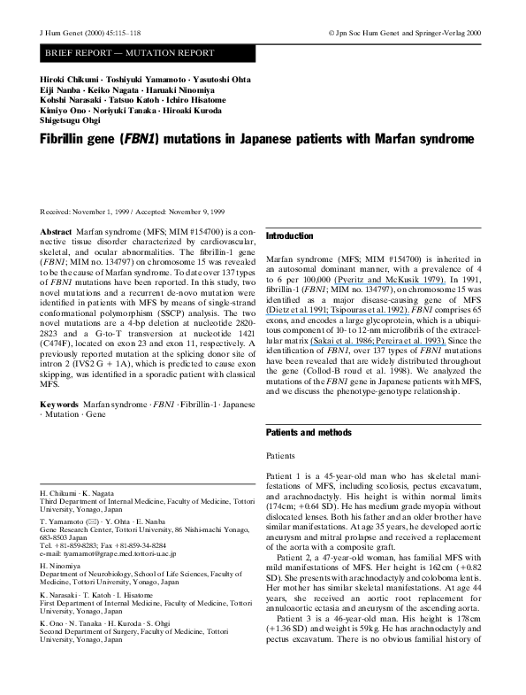 (PDF) Fibrillin gene ( FBN1 ) mutations in Japanese patients with ...
