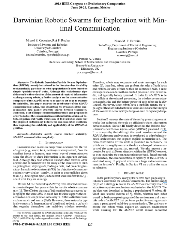 Pdf Darwinian Robotic Swarms For Exploration With Minimal Communication