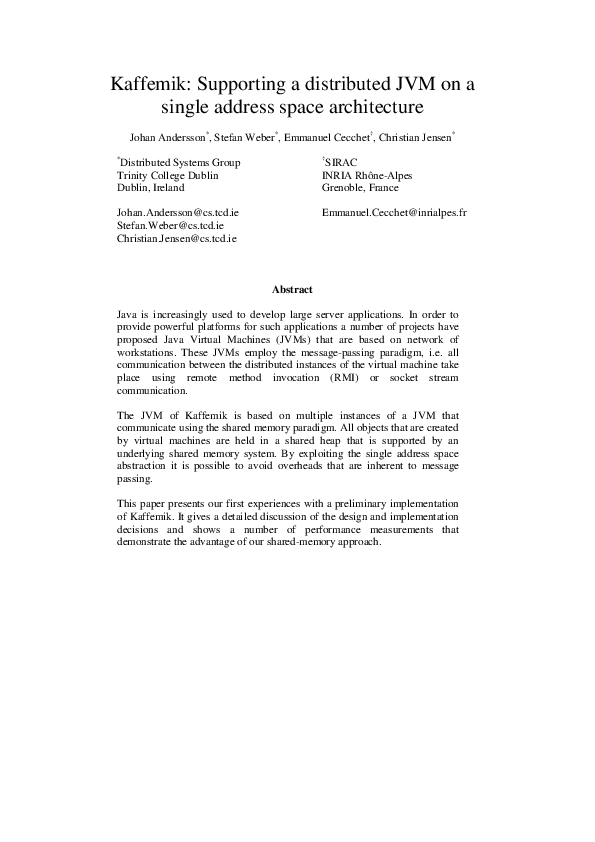 (PDF) Kaffemik: Supporting a distributed JVM on a single address space architecture