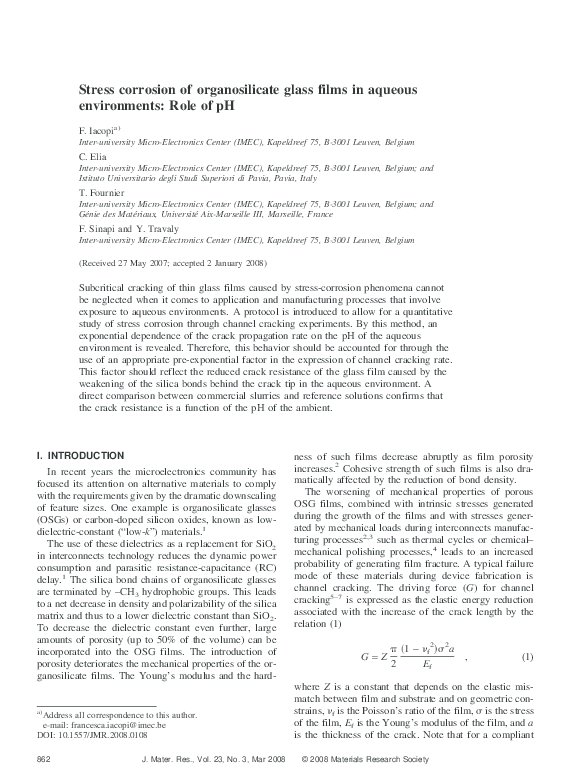 (PDF) Stress corrosion of organosilicate glass films in aqueous ...