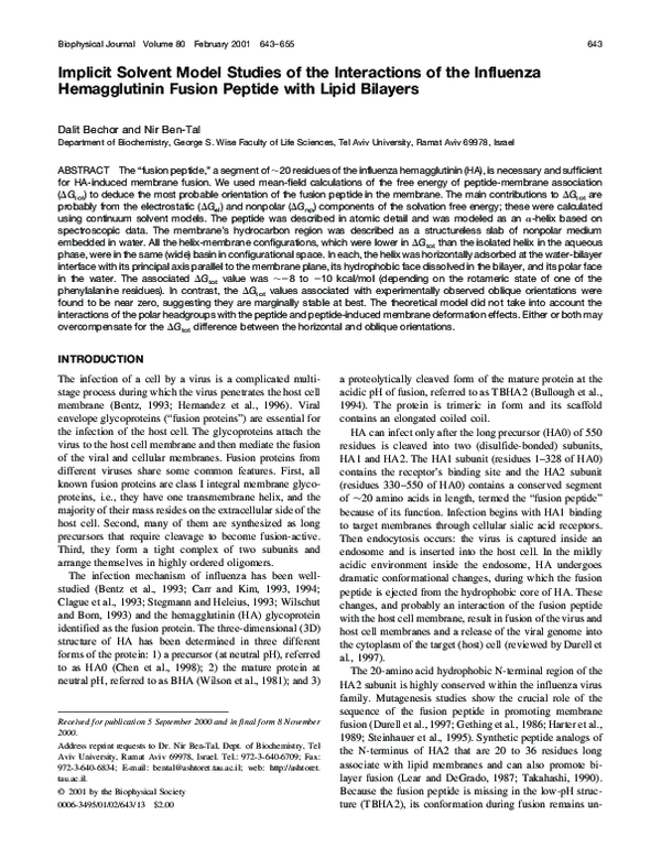 (PDF) Implicit Solvent Model Studies of the Interactions of the Influenza Hemagglutinin Fusion ...