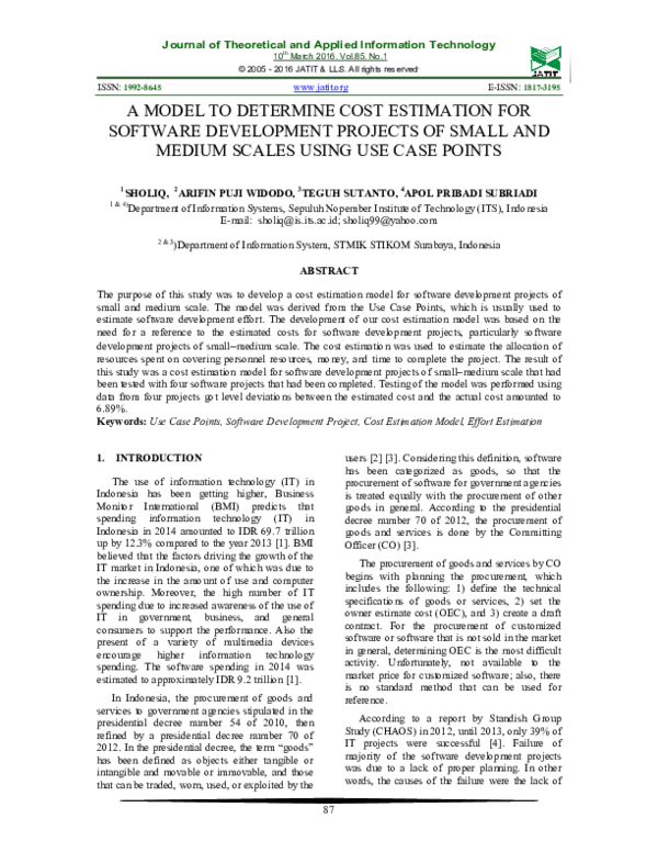 A MODEL TO DETERMINE COST ESTIMATION FOR SOFTWARE DEVELOPMENT PROJECTS OF SMALL AND MEDIUM ...