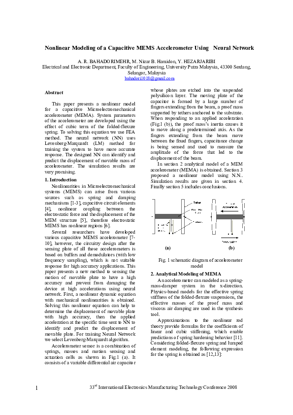 Pdf Nonlinear Modeling Of A Capacitive Mems Accelerometer Using Neural Network