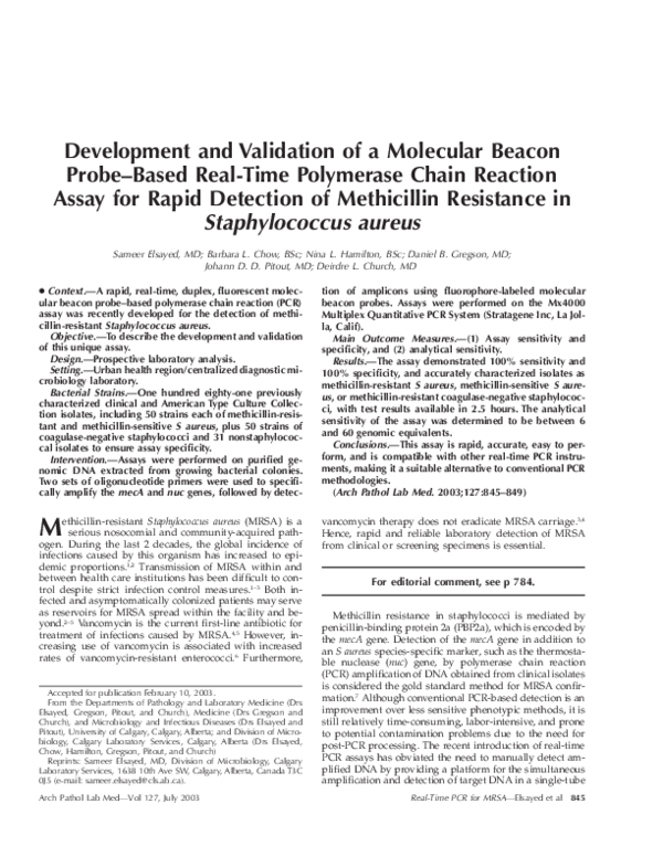 (PDF) Development and validation of a molecular beacon probe-based real-time polymerase chain ...