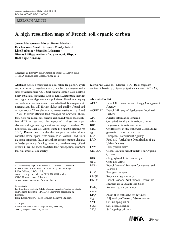 (PDF) A high resolution map of French soil organic carbon