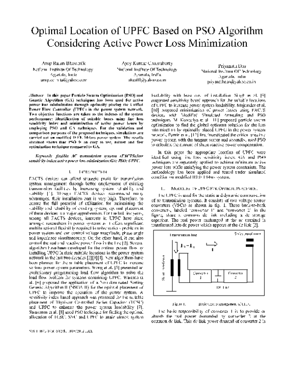 Pdf Optimal Location Of Upfc Based On Pso Algorithm Considering Active Power Loss Minimization