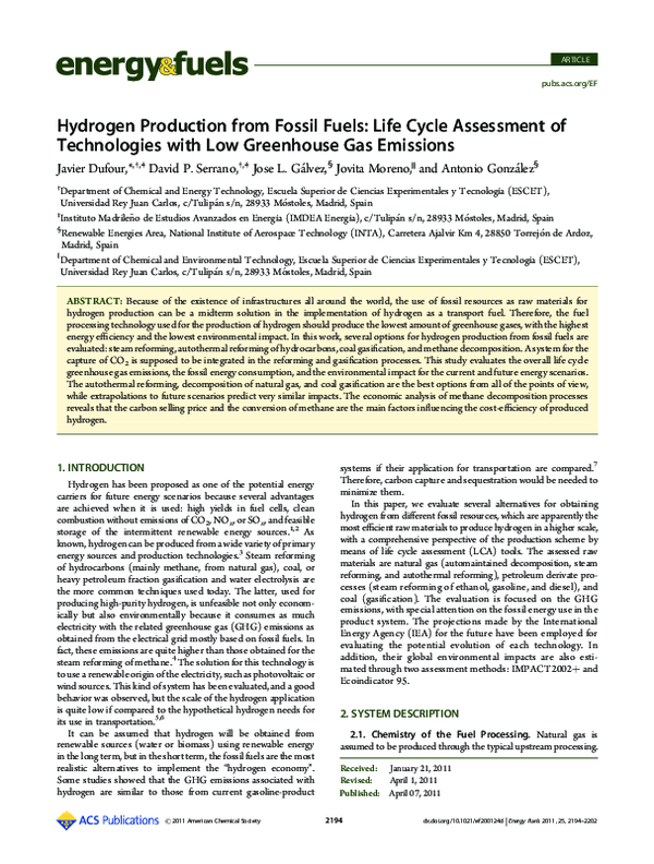 (PDF) Hydrogen Production from Fossil Fuels: Life Cycle Assessment of ...
