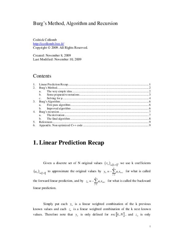 (PDF) A tutorial on Burg's method, algorithm and recursion