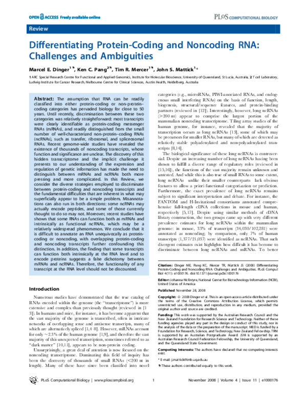 Pdf Differentiating Protein Coding And Noncoding Rna Challenges And