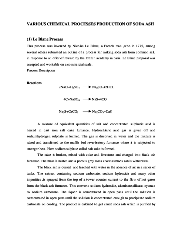 (PDF) VARIOUS CHEMICAL PROCESSES PRODUCTION OF SODA ASH (1) Le Blanc ...