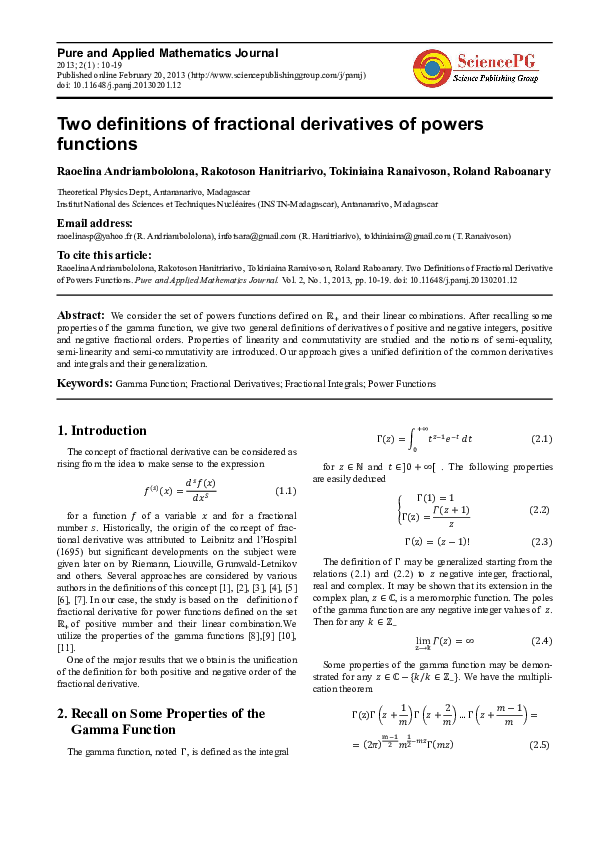 (PDF) Two Definitions of Fractional Derivative of Powers Functions