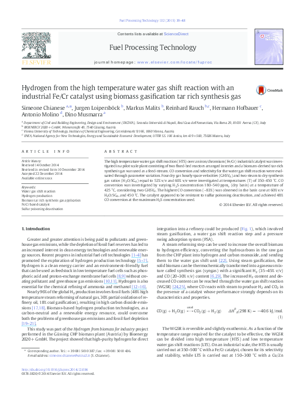 (PDF) Hydrogen from the high temperature water gas shift reaction with ...