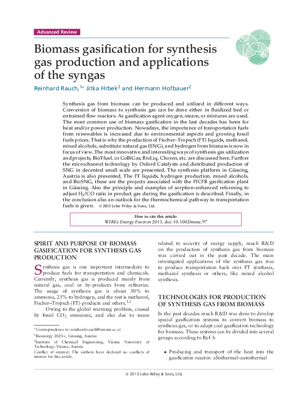 (PDF) Biomass Gasification for Synthesis Gas Production and Applications of the Syngas