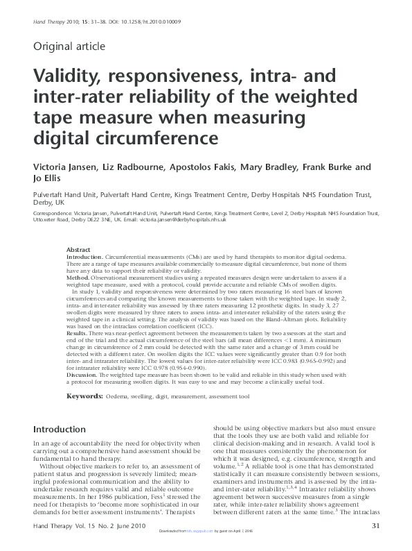(PDF) Validity, responsiveness, intra- and inter-rater reliability of the weighted tape measure ...