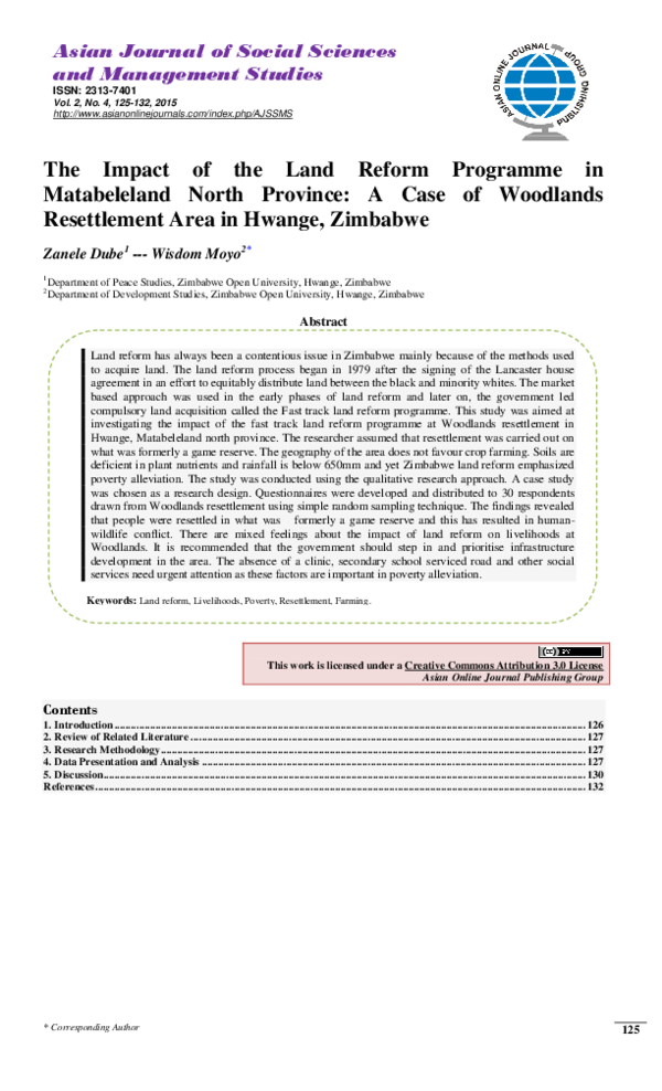 (PDF) The Impact of the Land Reform Programme in Matabeleland North ...
