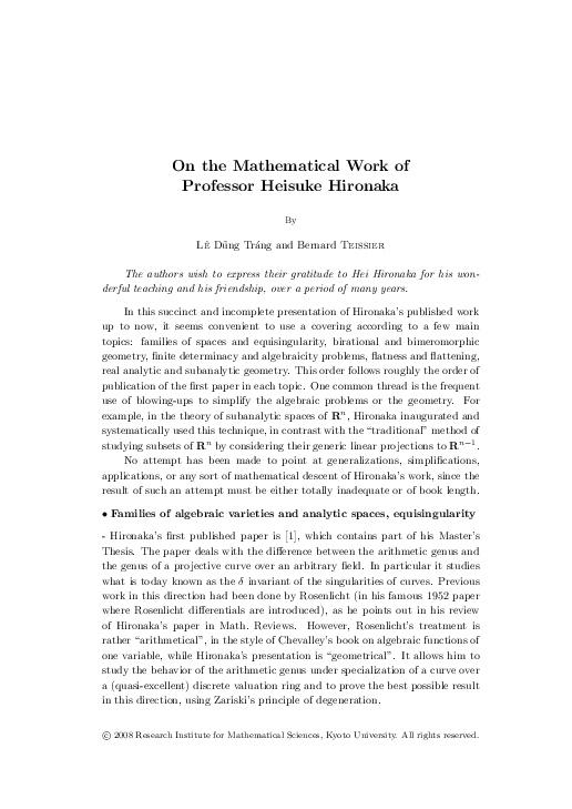 (PDF) On the Mathematical Work of Professor Heisuke Hironaka