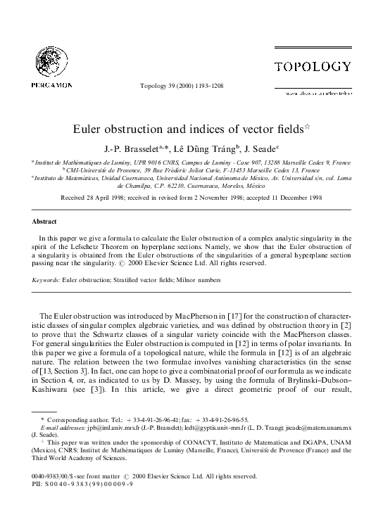 (PDF) Euler obstruction and indices of vector fields