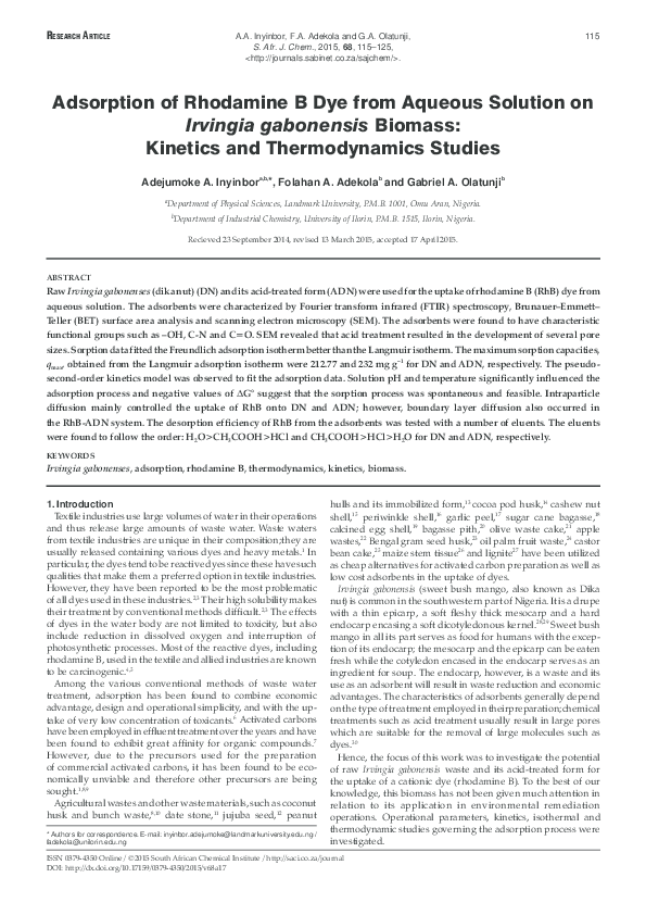 (PDF) Rhodamine B Adsorption on Dika Nut Biomass