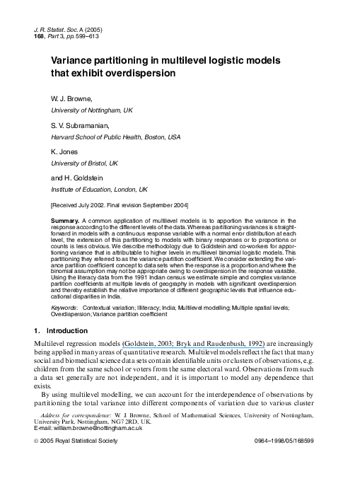 (PDF) Variance partitioning in multilevel logistic models that exhibit overdispersion
