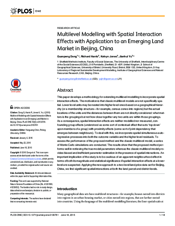 (PDF) Multilevel Modelling with Spatial Interaction Effects with Application to an Emerging Land ...