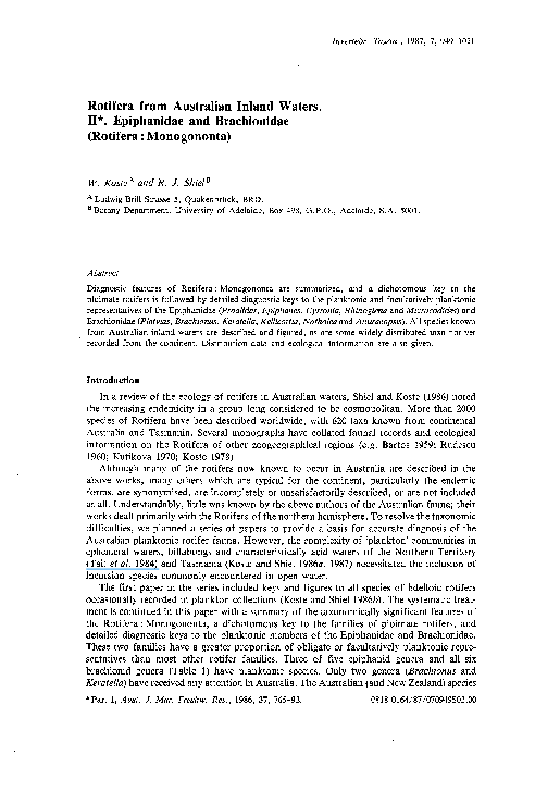 (PDF) Rotifera from Australian inland waters. II. Epiphanidae and ...