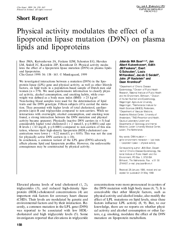 Physical activity modulates the effect of a lipoprotein lipase mutation ...