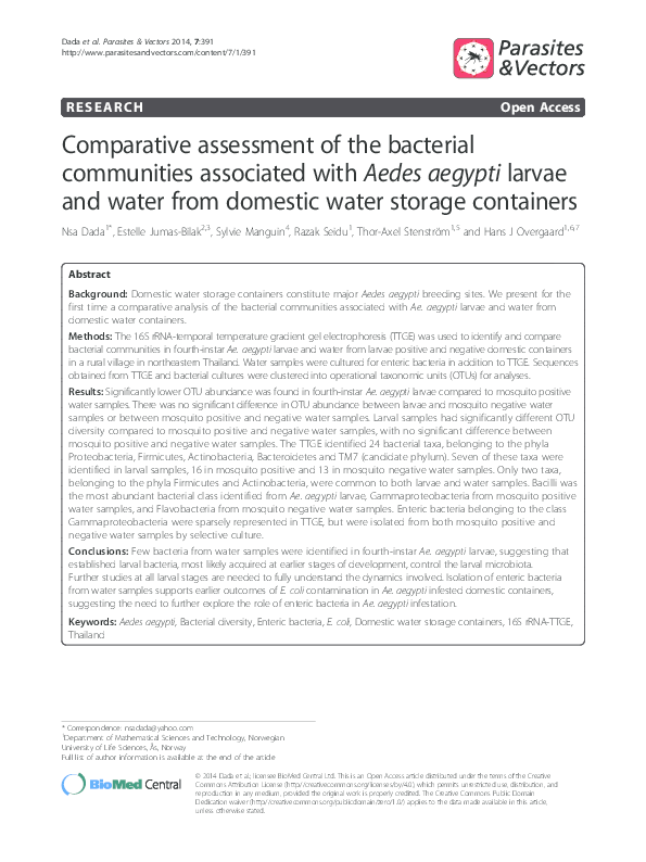 (PDF) Comparative assessment of the bacterial communities associated with Aedes aegypti larvae ...