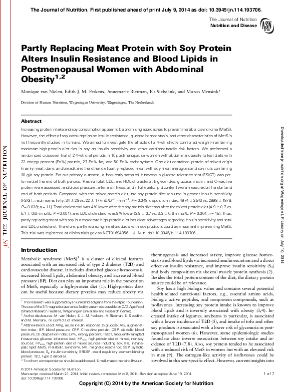 (PDF) Partly replacing meat protein with soy protein alters insulin ...