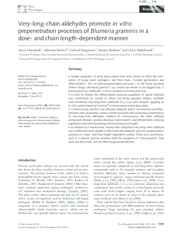 (PDF) Very-long-chain aldehydes promote in vitro prepenetration ...